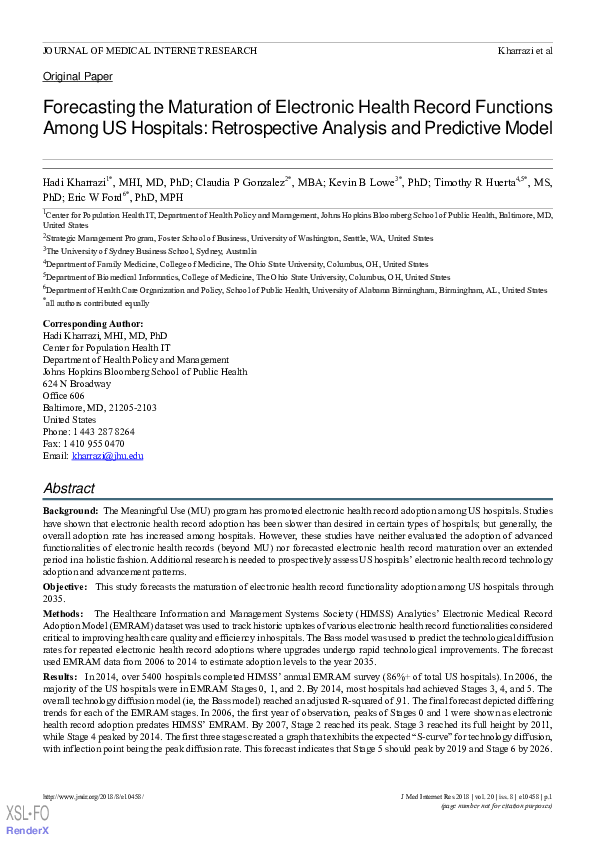 Pdf Forecasting The Maturation Of Electronic Health Record Functions