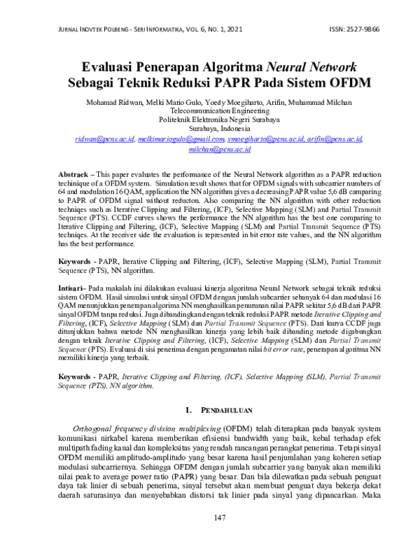 (PDF) Evaluasi Penerapan Algoritma Neural Network Sebagai Teknik Reduksi PAPR Pada Sistem OFDM