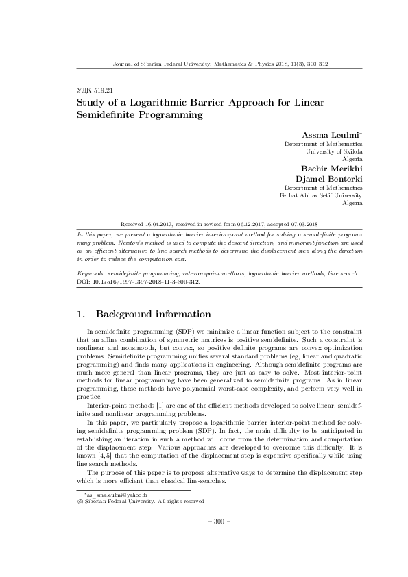 (PDF) Study of a Logarithmic Barrier Approach for Linear Semidefinite Programming