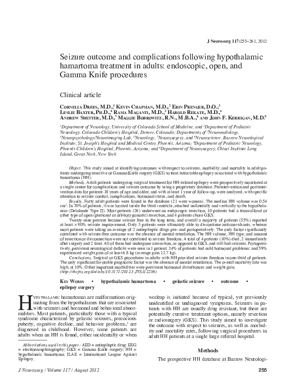 (PDF) Seizure outcome and complications following hypothalamic hamartoma treatment in adults ...