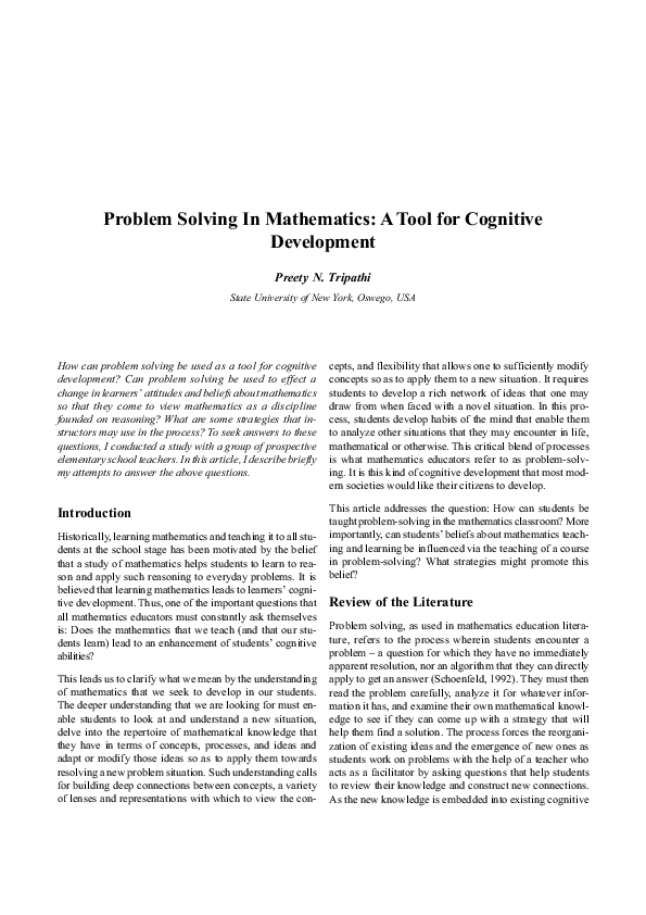 (PDF) Problem Solving in Mathematics: A tool for Cognitive Development