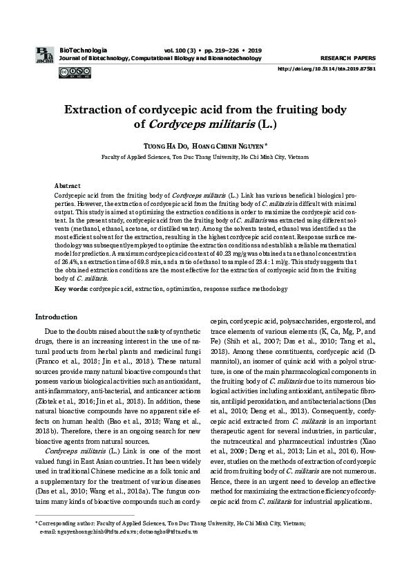 (PDF) Extraction of cordycepic acid from the fruiting body of Cordyceps ...