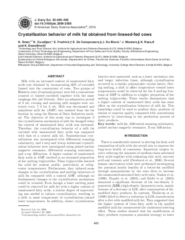 (PDF) Crystallization behavior of milk fat obtained from linseed-fed ...