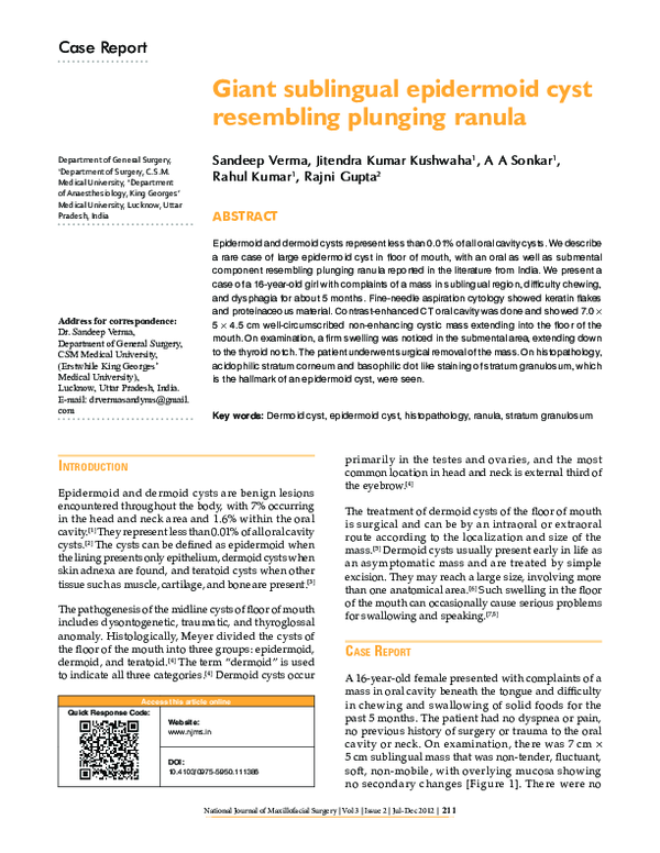 (PDF) Giant sublingual epidermoid cyst resembling plunging ranula