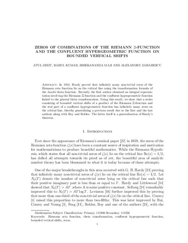 Pdf Zeros Of Combinations Of The Riemann Ξ Function And The Confluent Hypergeometric Function