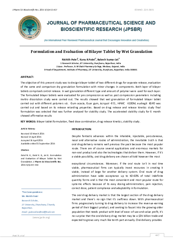 Pdf Formulation And Evaluation Of Bilayer Tablet By Wet Granulation