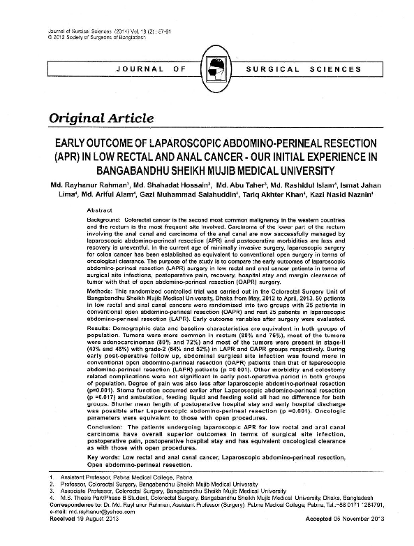(PDF) Early Outcome of Laparoscopic Abdomino-perineal Resection (APR ...