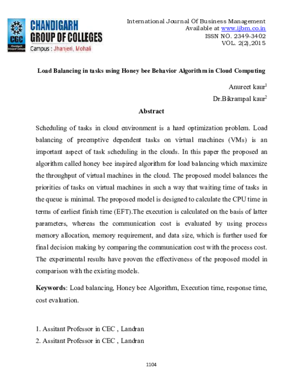 Pdf Load Balancing In Tasks Using Honey Bee Behavior Algorithm In Cloud Computing