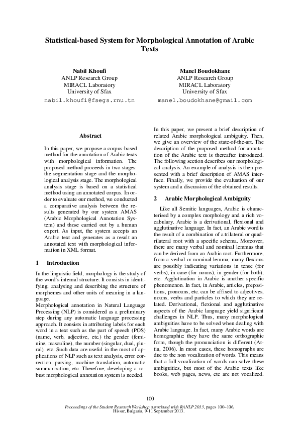 (PDF) Statistical-based System for Morphological Annotation of Arabic Texts
