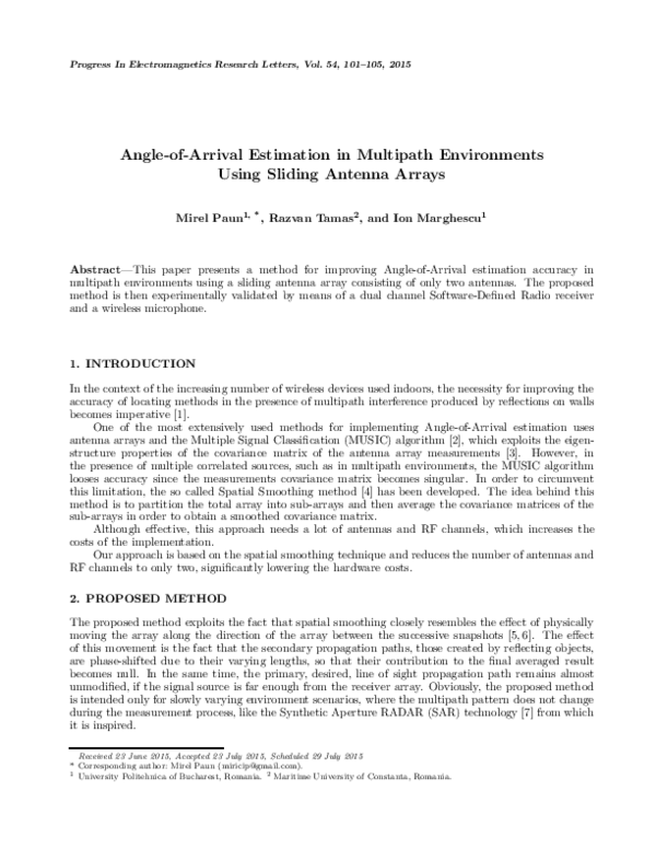 Pdf Angle Of Arrival Estimation In Multipath Environments Using Sliding Antenna Arrays