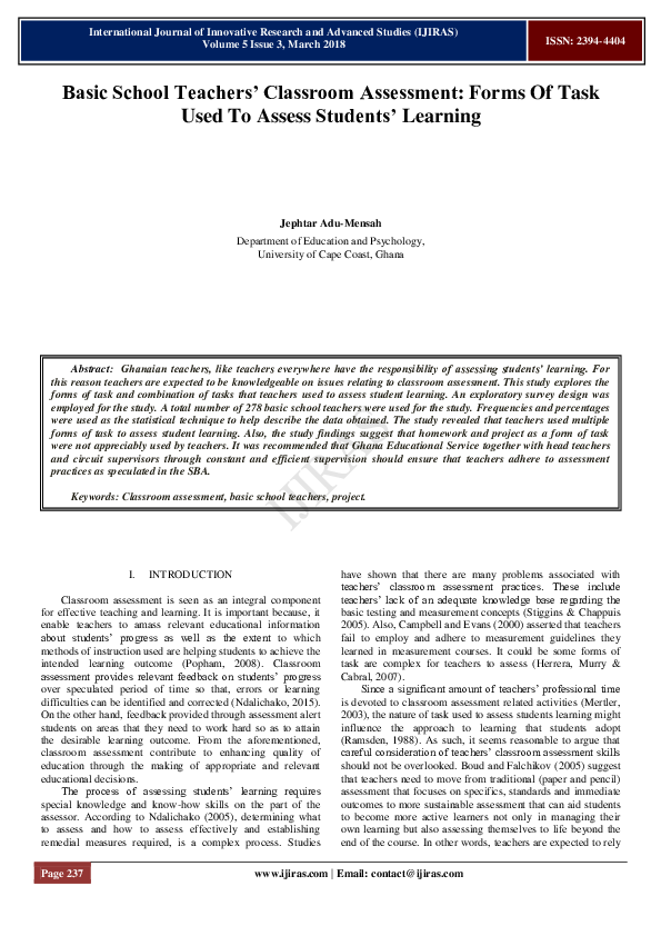 (PDF) Basic School Teachers' Classroom Assessment: Forms Of Task Used To Assess Students' Learning