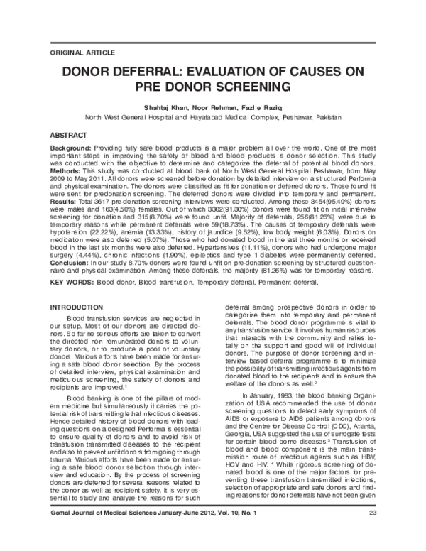 (PDF) Donor deferral: evaluation of causes on pre donor screening ...