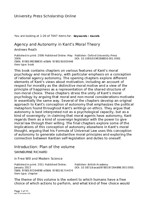 (PDF) Agency and autonomy in Kant's moral theory