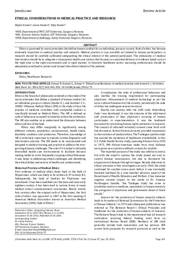 (PDF) Ethical Considerations in Medical Practice and Research