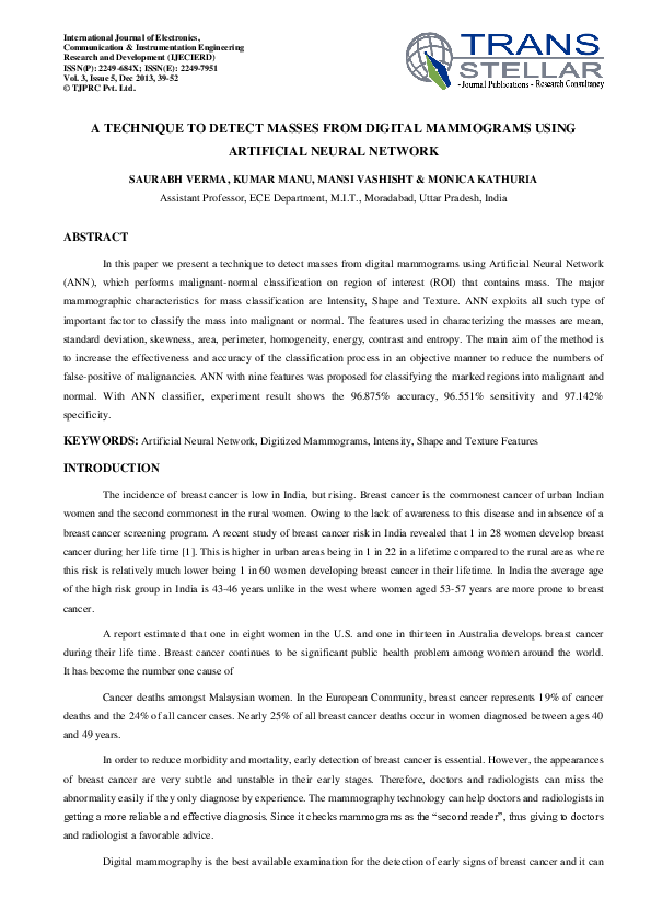 Pdf A Technique To Detect Masses From Digital Mammograms Using Artificial Neural Network