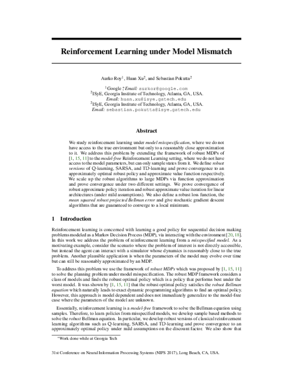 (PDF) Reinforcement Learning under Model Mismatch
