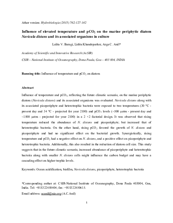 (PDF) Influence of elevated temperature and pCO2 on the marine ...