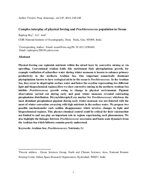(PDF) Complex interplay of physical forcing and Prochlorococcus ...
