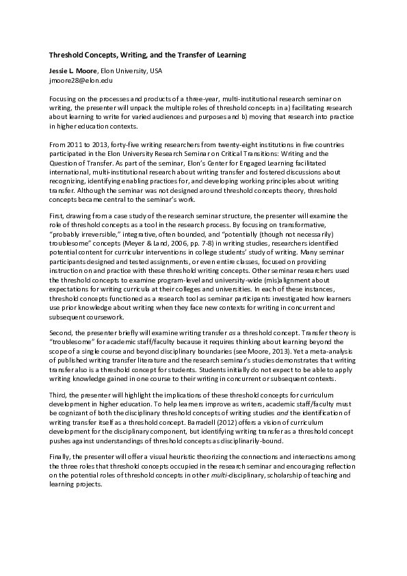 (PDF) Threshold Concepts, Writing, and the Transfer of Learning