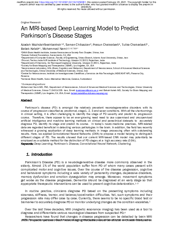 (PDF) An MRI-based Deep Learning Model to Predict Parkinson Disease Stages