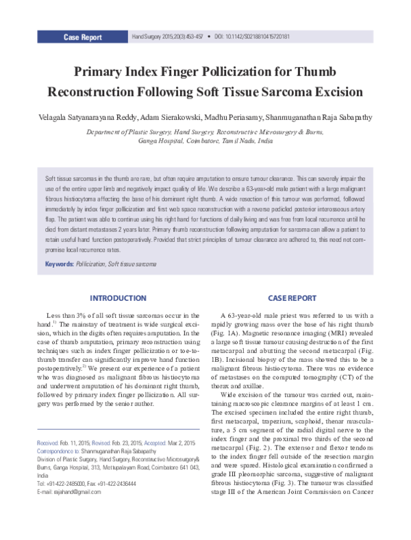 (PDF) Primary Index Finger Pollicization for Thumb Reconstruction ...