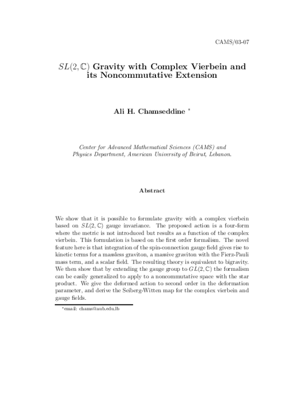 (PDF) SL (2, C) gravity with a complex vierbein and its noncommutative extension