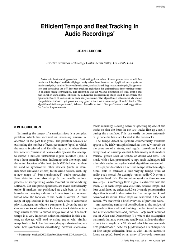 (PDF) Efficient tempo and beat tracking in audio recordings