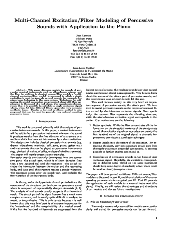 (PDF) Multichannel excitation/filter modeling of percussive sounds with application to the piano
