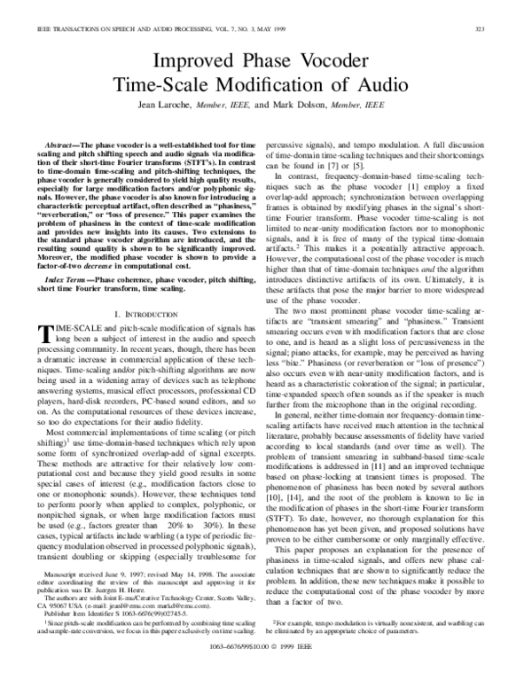 (PDF) Improved phase vocoder time-scale modification of audio