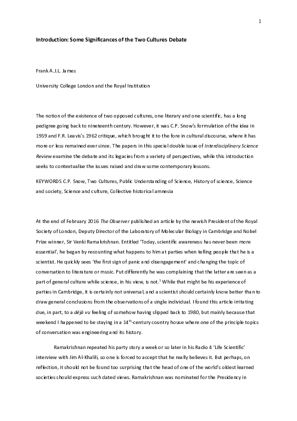 (PDF) Introduction: Some Significances of the Two Cultures Debate