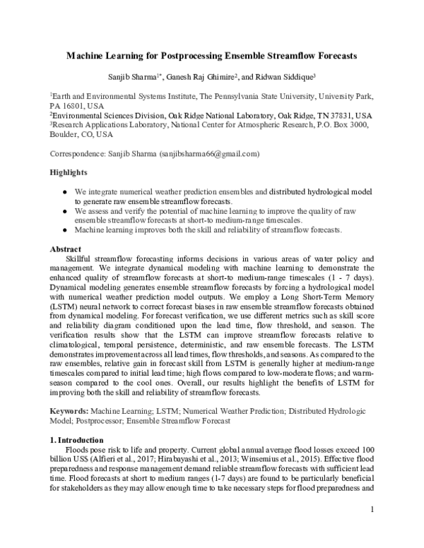 (PDF) Machine Learning for Postprocessing Ensemble Streamflow Forecasts