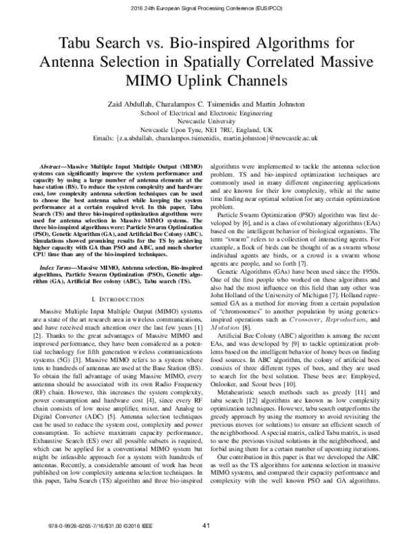 Tabu Search Vs Bio Inspired Algorithms For Antenna Selection In Spatially Correlated Massive