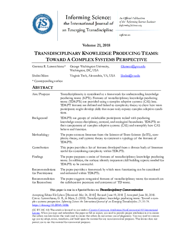 (PDF) Transdisciplinary Knowledge Producing Teams: Toward a Complex ...