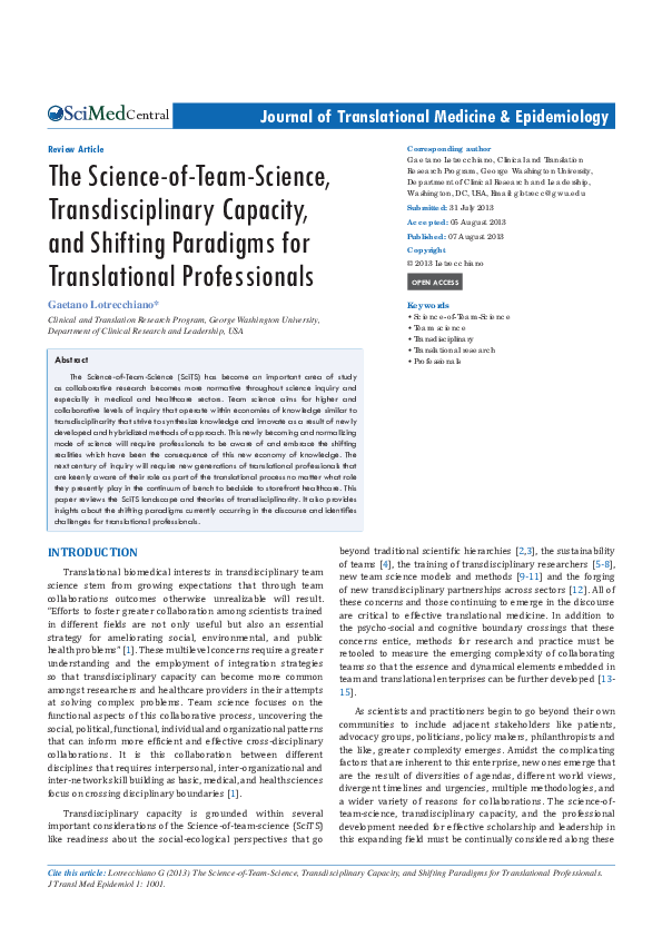 (PDF) The Science-of-Team-Science, Transdisciplinary Capacity, and ...