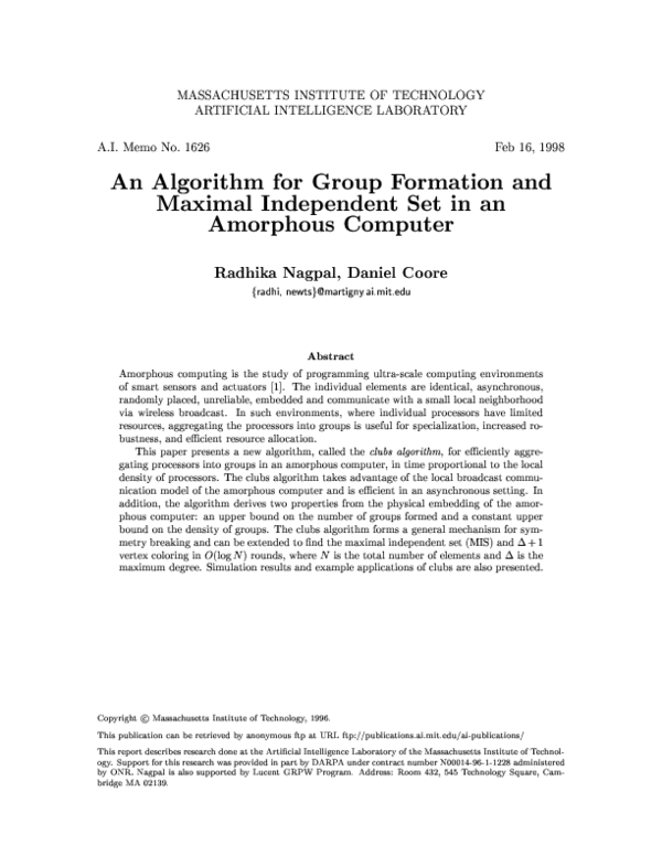 (PDF) An Algorithm for Group Formation and Maximal Independent Set in an Amorphous Computer