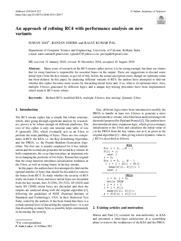 (PDF) An approach of refining RC4 with performance analysis on new variants
