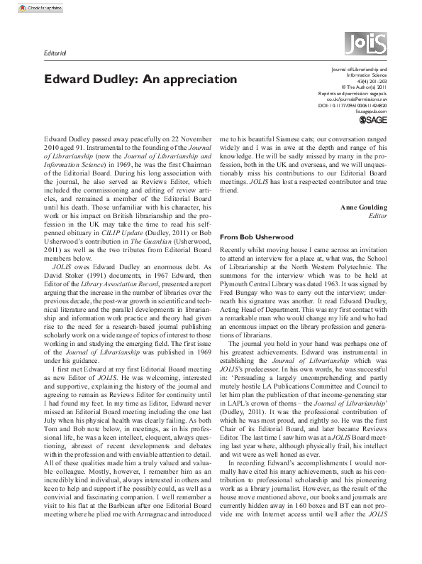 (PDF) Legacy of Edward Dudley in Librarianship