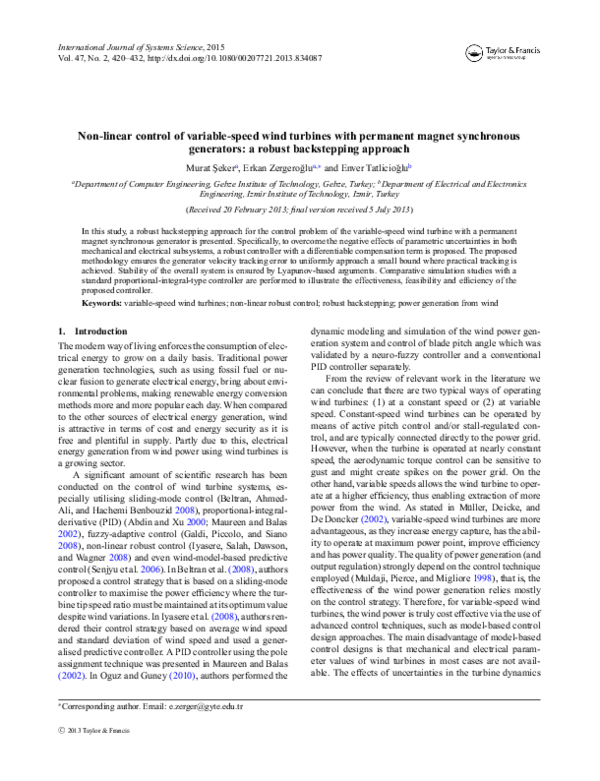 Pdf Non Linear Control Of Variable Speed Wind Turbines With Permanent Magnet Synchronous