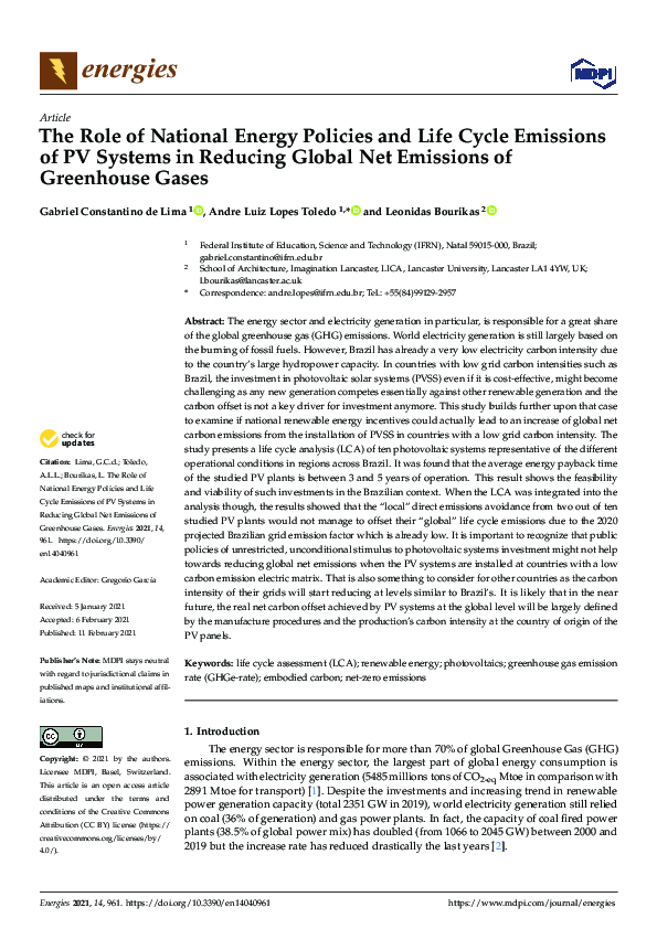 (PDF) The Role of National Energy Policies and Life Cycle Emissions of ...