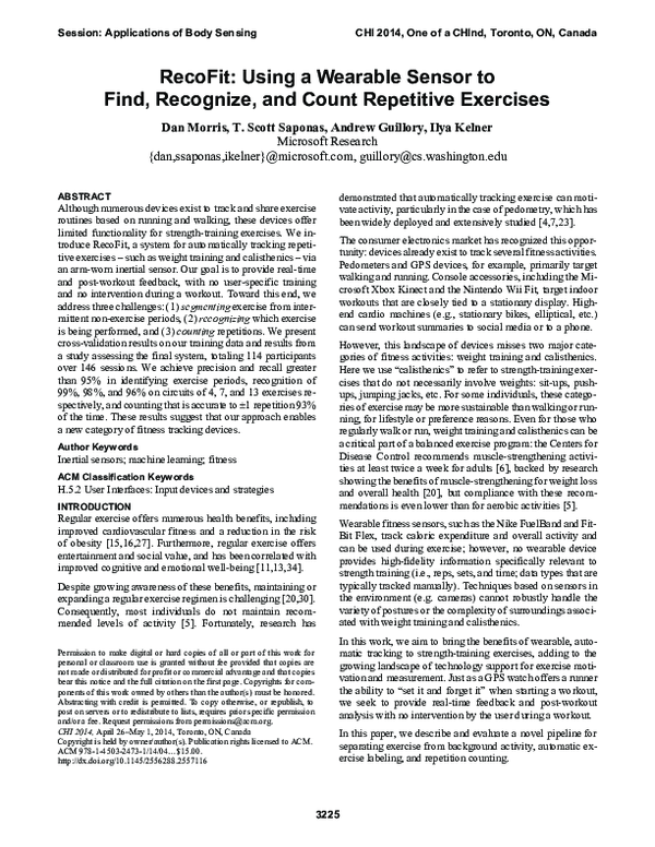 (PDF) RecoFit: using a wearable sensor to find, recognize, and count repetitive exercises