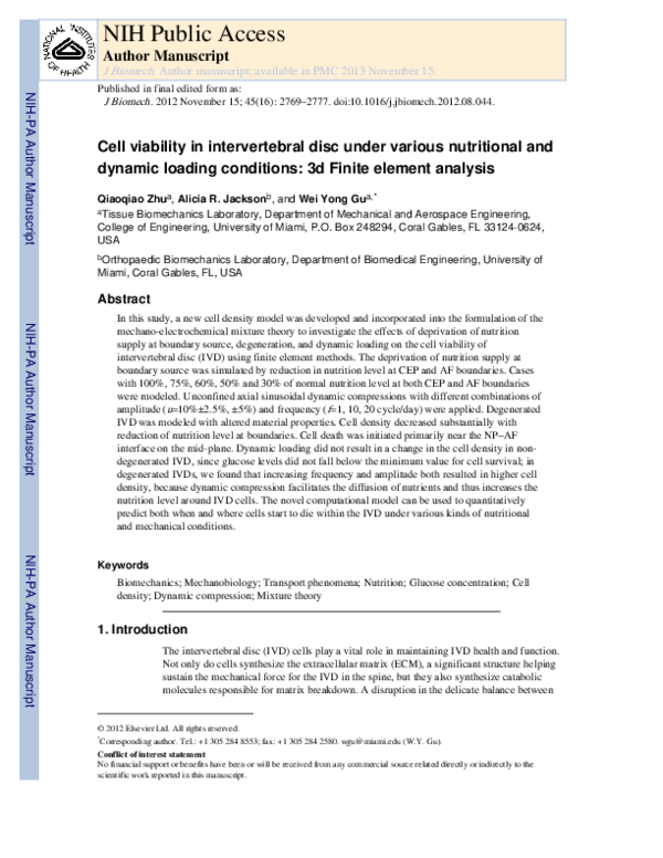 (PDF) Cell viability in intervertebral disc under various nutritional and dynamic loading ...
