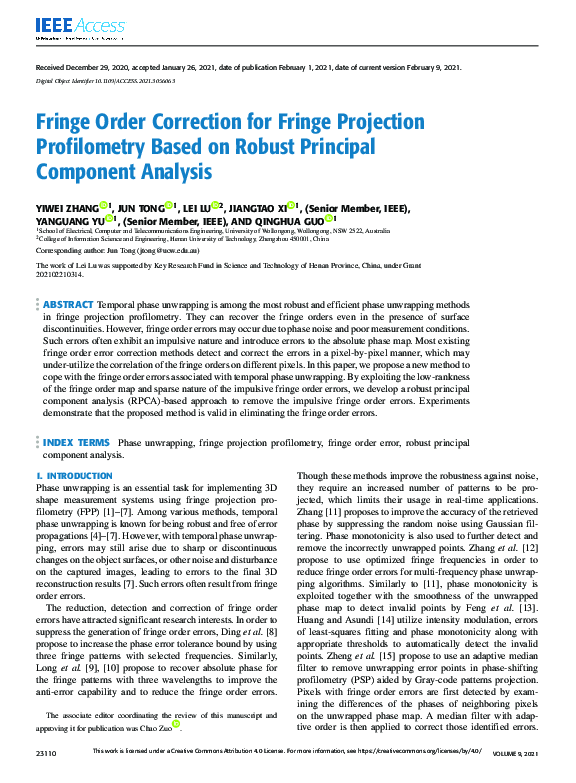 Pdf Fringe Order Correction For Fringe Projection Profilometry Based On Robust Principal