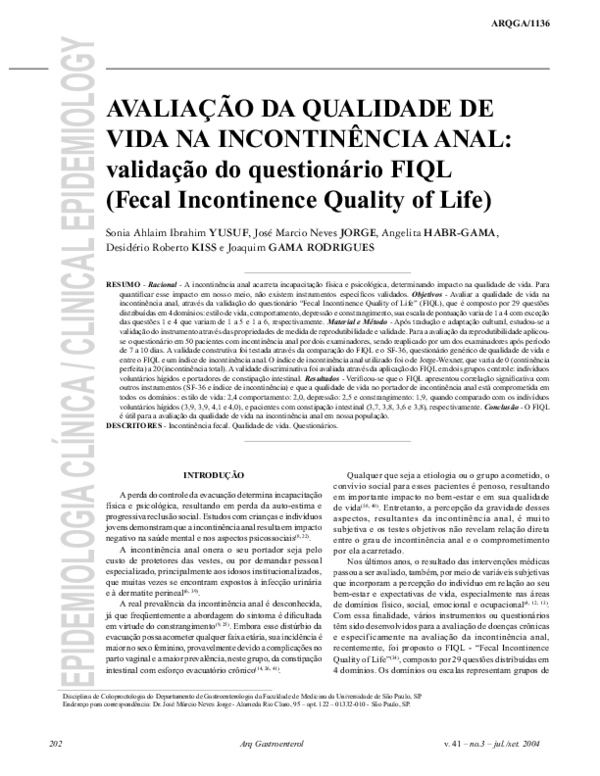 (PDF) Evaluation of quality of life in anal incontinence: validation of ...