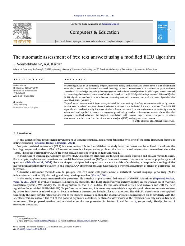 (PDF) The automatic assessment of free text answers using a modified BLEU algorithm