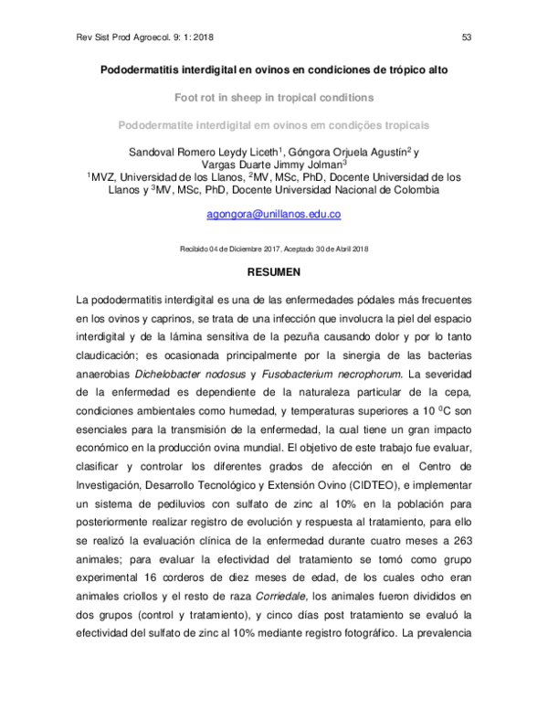 (PDF) Pododermatitis interdigital en ovinos en condiciones de trópico alto