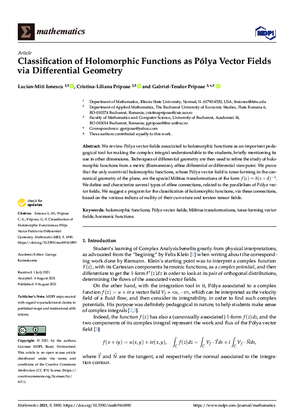 (PDF) Classification of Holomorphic Functions as Pólya Vector Fields via Differential Geometry