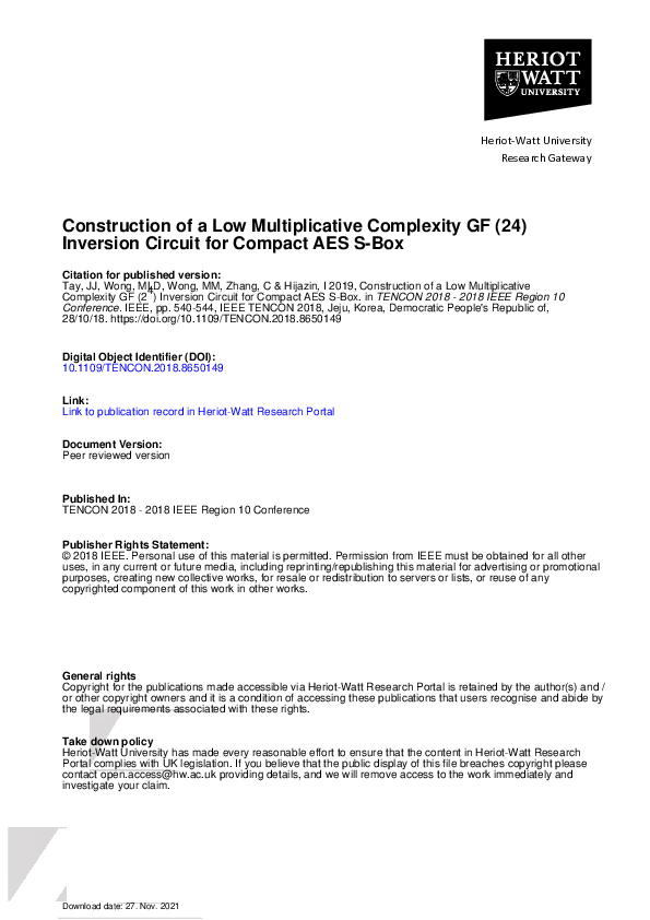 Pdf Construction Of A Low Multiplicative Complexity Gf 24 Inversion Circuit For Compact Aes