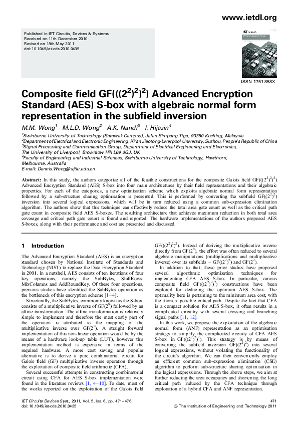 Pdf Composite Field Gf2222 Advanced Encryption Standard Aes S Box With Algebraic