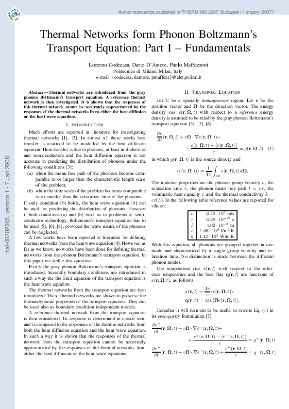 (PDF) Thermal Networks form Phonon Boltzmann’s Transport Equation: Part I – Fundamentals