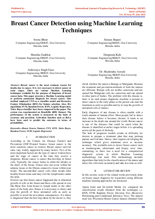 (PDF) Breast Cancer Detection using Machine Learning Techniques